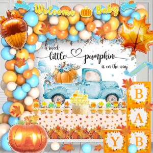 a little pumpkin is on the way baby shower decorations, thanksgiving pumpkin baby boy baby shower decorations kit, fall pumpkin baby shower boy supplies, autumn baby shower decorations for boy