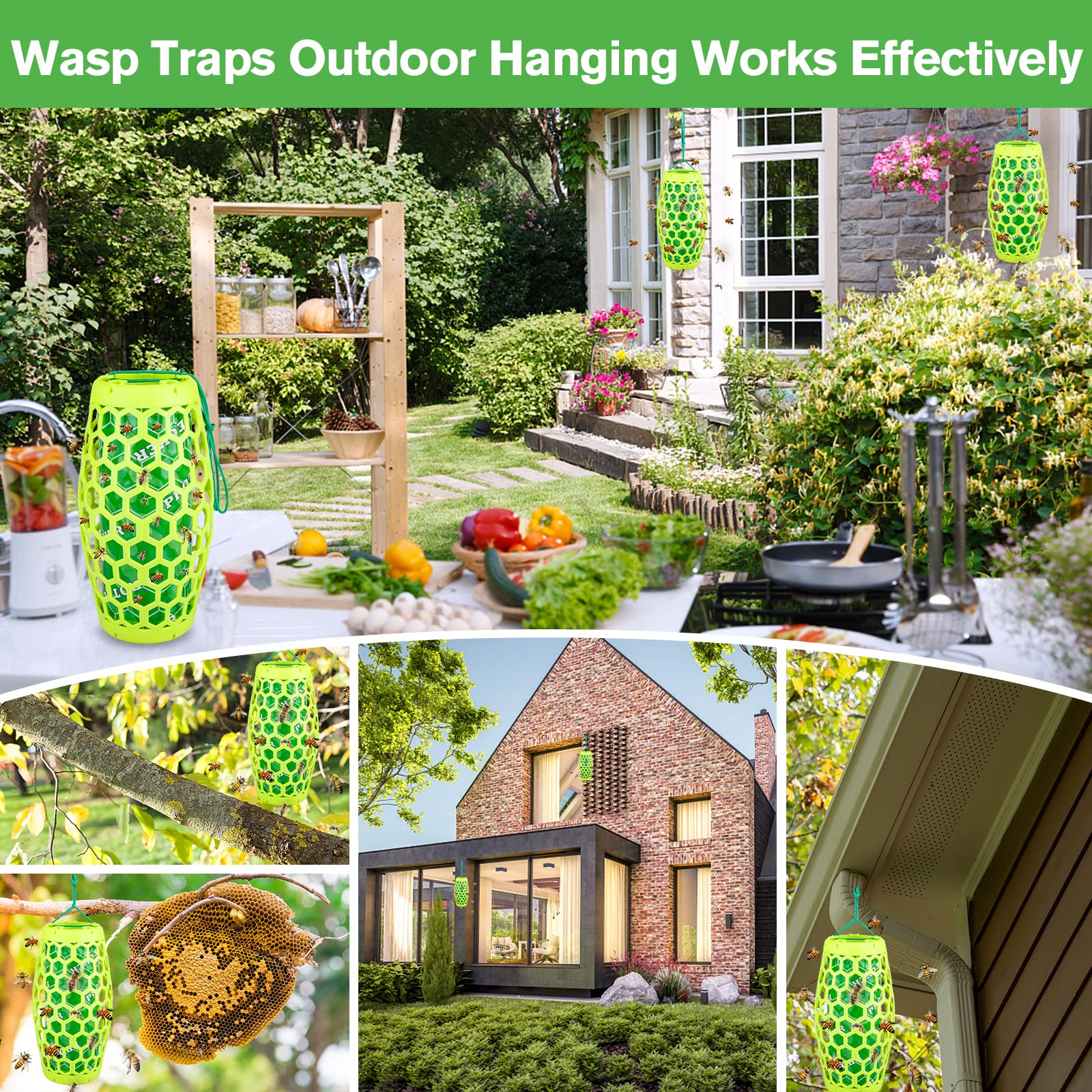 Wasp Trap Bee Catcher, Outdoor Hanging Carpenter Bee Traps with 4 Sticky Boards - Green, 2 Pack