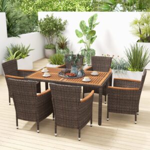 toolsempire 7 pieces patio wicker dining set outdoor dining set, patio furniture set with acacia wood table and chairs, garden dining table set for desk, poolside, backyard (brown)