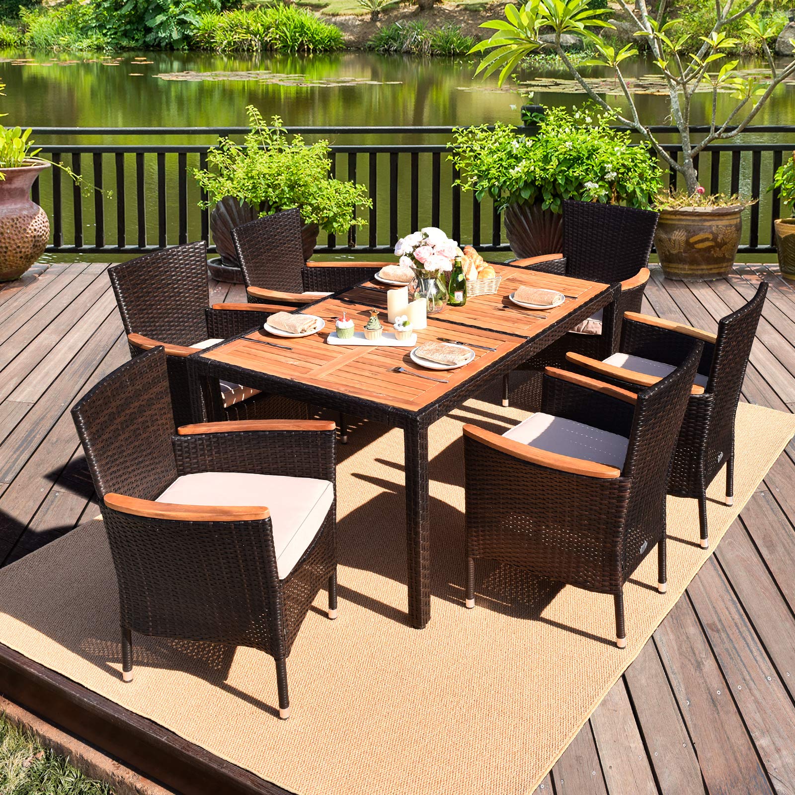 Toolsempire 7 Pieces Patio Wicker Dining Set Outdoor Dining Set, Patio Furniture Set with Acacia Wood Table and Chairs, Garden Dining Table Set for Desk, Poolside, Backyard (Brown)