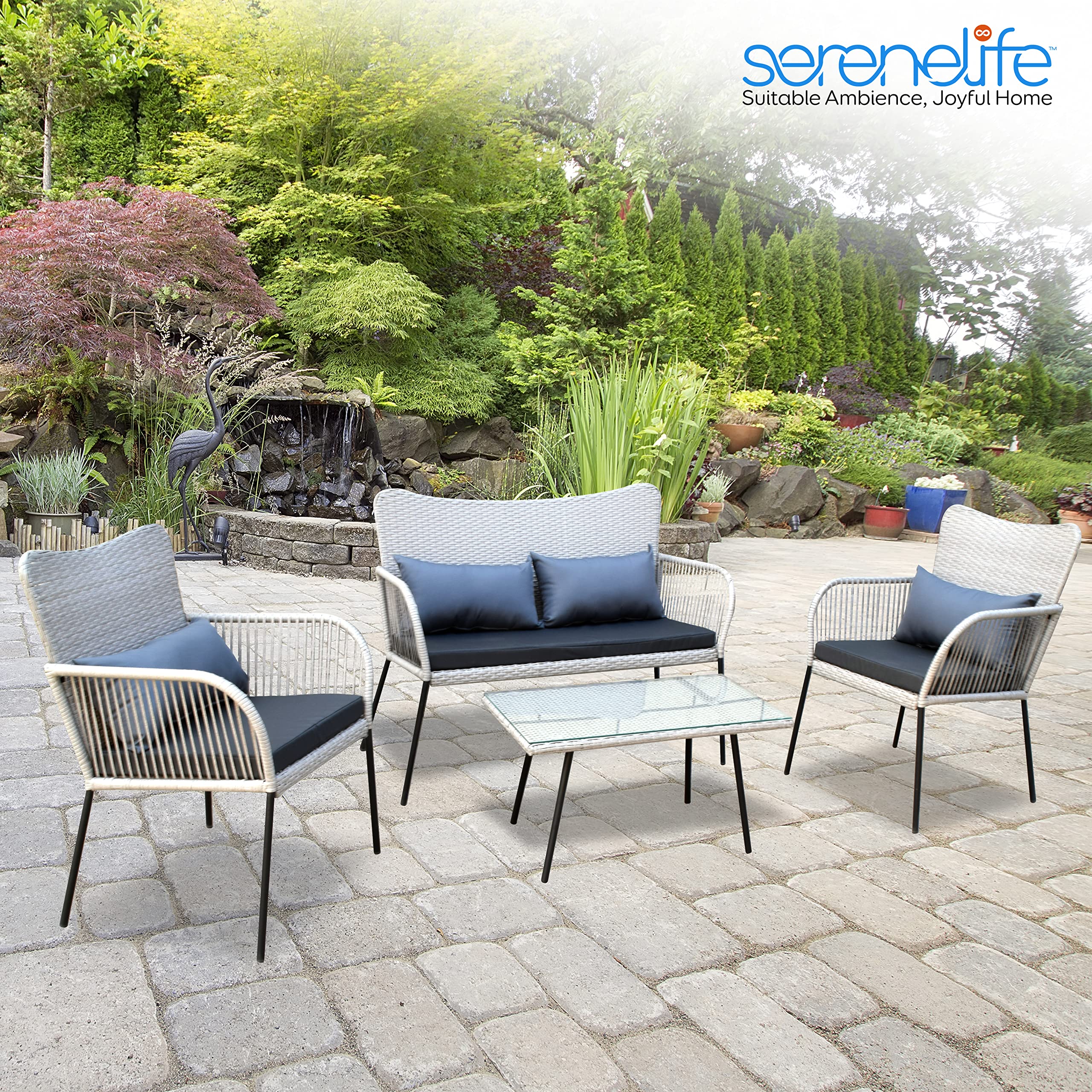 SereneLife SL4PCGR51.3 4 Pcs. Patio Outdoor Rattan Furniture Set-Includes 1 Double 2 Single Chairs with Soft Cushion, and 1 Glass-top Coffee Table Gray, Light Grey