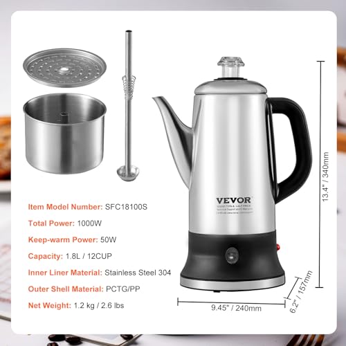 VEVOR Electric Percolator Coffee Pot 12-Cup, 304 Stainless Steel Coffee Percolator, 1000W, Automatic Keep-Warm & Split Power Base