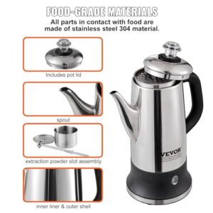 VEVOR Electric Percolator Coffee Pot 12-Cup, 304 Stainless Steel Coffee Percolator, 1000W, Automatic Keep-Warm & Split Power Base