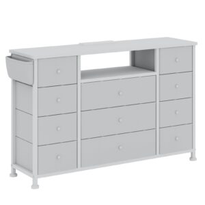 WODRAWER White Dresser with Power Outlets and LED Lights, Dresser for Bedroom with 11 Drawers, Dressers & Chests of Drawers with Side Pockets, Fabric Storage Organizer