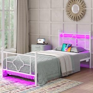 collaredeagle twin size bed frame with headboard and footboard, classic metal platform bed frame with charging station and led lights, heavy duty slat support metal bed frame, no noise, white