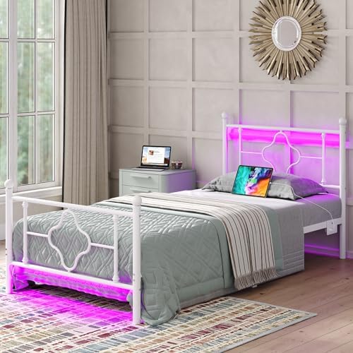 CollaredEagle Twin Size Bed Frame with Headboard and Footboard, Classic Metal Platform Bed Frame with Charging Station and LED Lights, Heavy Duty Slat Support Metal Bed Frame, No Noise, White