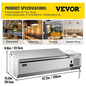 VEVOR Refrigerated Condiment Prep Station, 48-Inch, 10.8Qt Sandwich/Salad Prep Table with 2 1/3 Pans & 4 1/6 Pans, 150W Salad Bar with 304 Stainless Body and Cover Temp Adjuster One-Click Defrosting