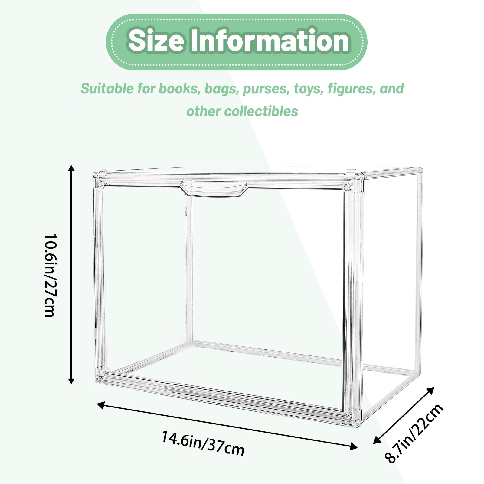 Cutora 2 PACK Clear Book Storage Organizer Stackable Acrylic Book Display Box with Magnetic Door for Bookshelf Easy Assemble Bookcase Containers Display case for Comics Toys Handbags Shoes Purses