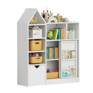 garveehome toy and book organizer for kids, kids toy storage organizer & bookshelf, multifunctional storage chest with 8 storage cubbies and movable drawers for playroom, kids room, living room, white