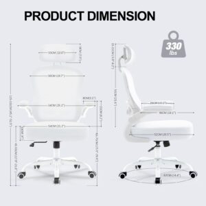 TUKAKA Ergonomic Office Chair,Ultra Thick Office Desk Chair with Adjustable Lumbar Support and Headrest,Spring Cushion,Rocking Function,Flip-up arms,Mesh Computer Chair for Home Office,White