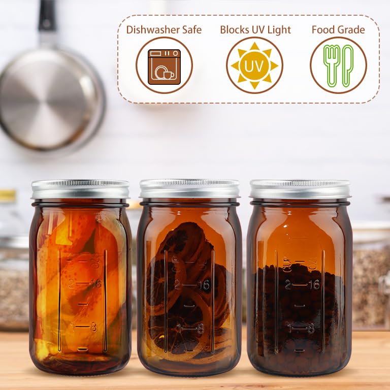 CARBLIN 2 Pack Mason Jars 32 oz, Amber Wide Mouth Canning Jars with Airtight Lids, Glass Pint Jars with Bands Labels Brush, Large Storage Quart Jars for Jam Fermenting Preserving