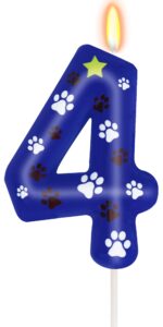 elekfx blue dog paw birthday candles, number 4 dog patrol birthday party supplies, 2.76 inch paw cake topper decorations, birthday decorations for kids (number 4)