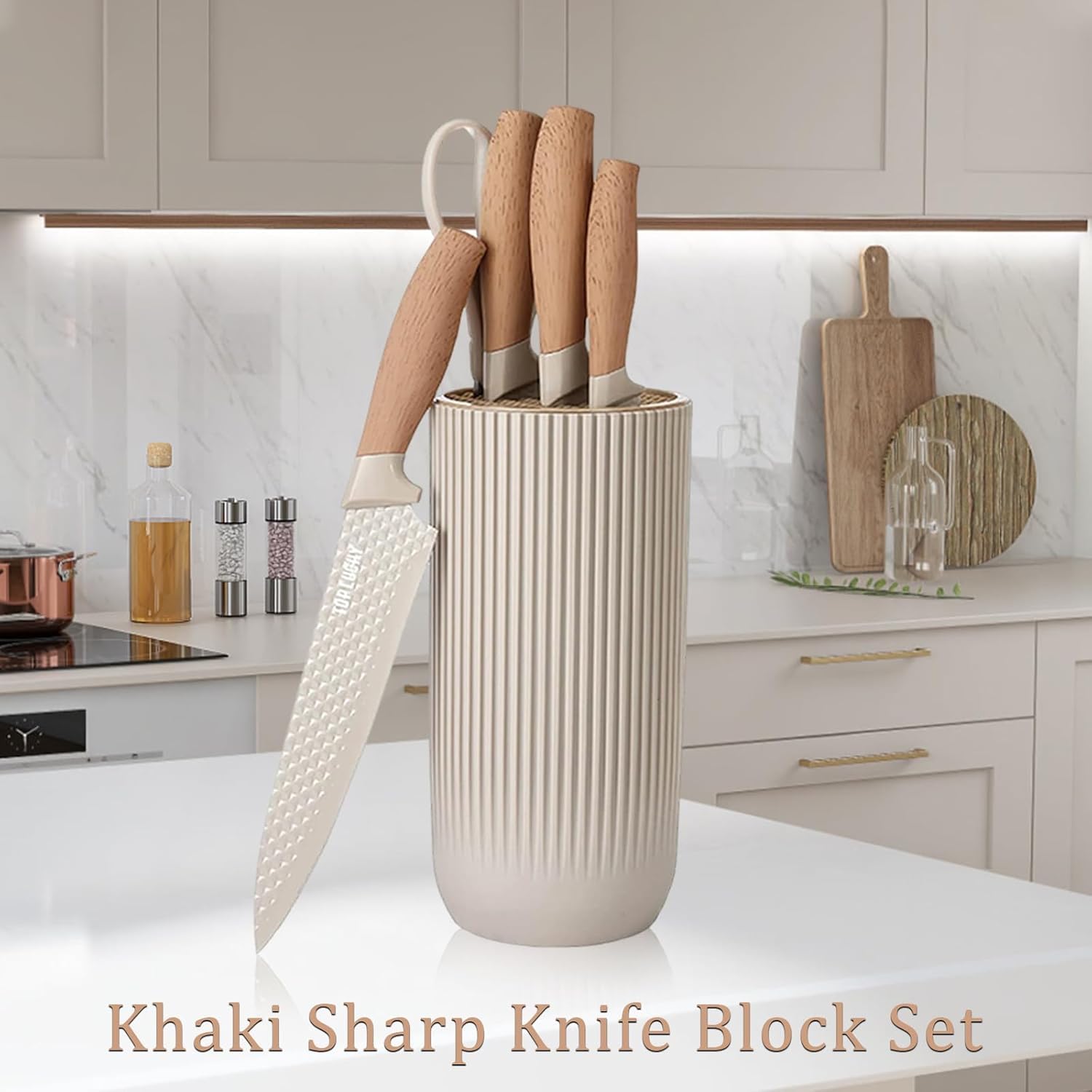 Kitchen Knife Set, 6 Pieces Professional Knife Set with Universal Knife Block, Super Sharp Knife Set with Ergonomic Handle, Non-Stick Stainless Steel Knife Block Set (Khaki)