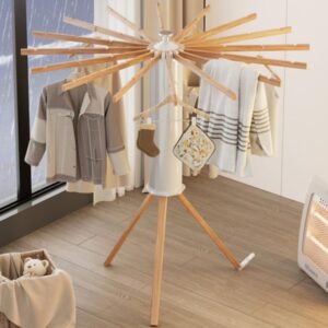 GOTOTOP Clothes Drying Rack, Cypress Wood Folding Clothes Airer Octopus Clothesline Rack Tripod Washing Line with 16 Hanging Bars for Home Indoor Outdoor 40kg Capacity