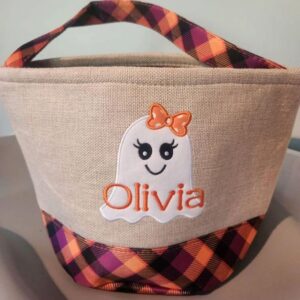 Kids Halloween Basket,Personalized Embroidered Halloween Bucket,Monogrammed Halloween,Halloween Candy Tote,Gingham Halloween Bucket