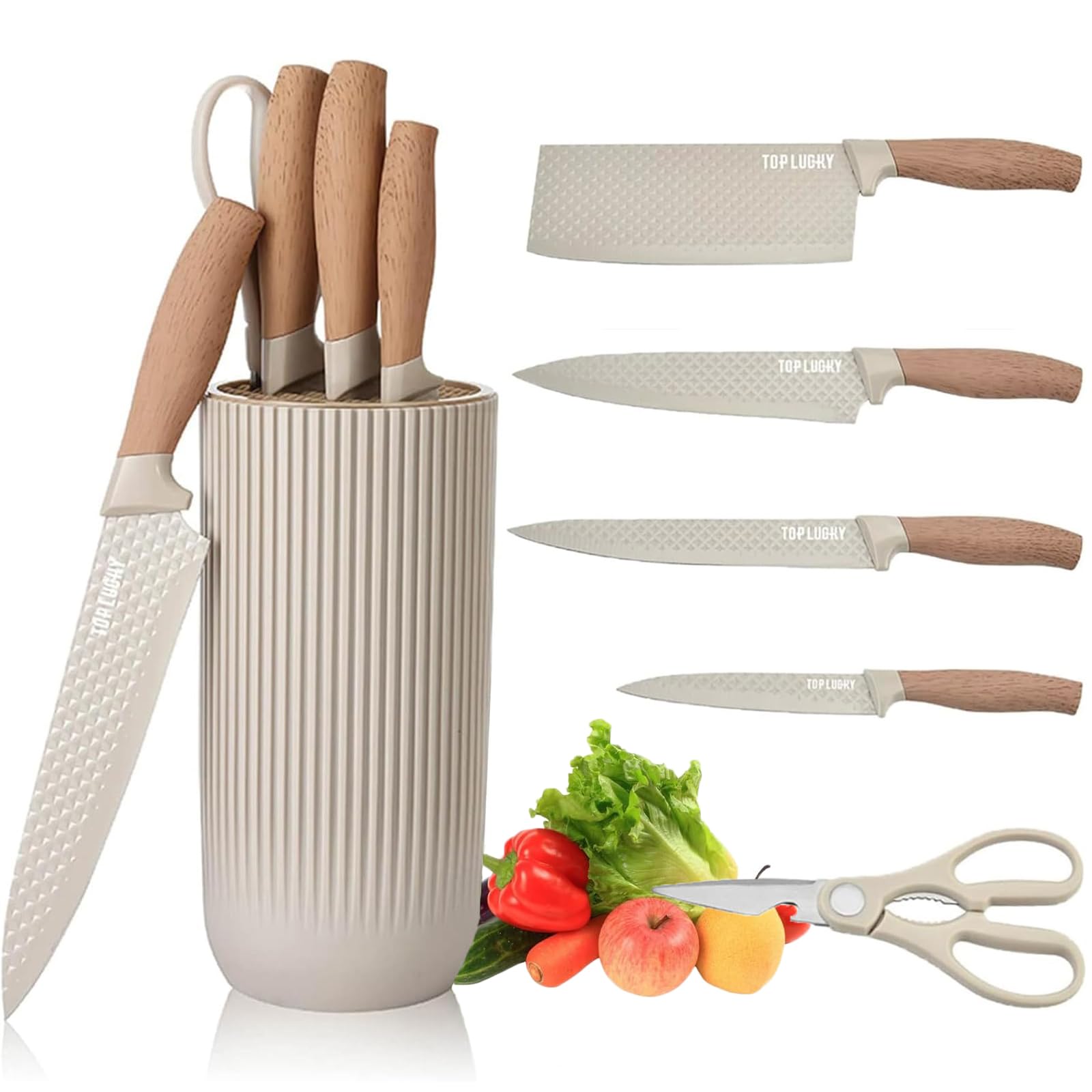 Kitchen Knife Set, 6 Pieces Professional Knife Set with Universal Knife Block, Super Sharp Knife Set with Ergonomic Handle, Non-Stick Stainless Steel Knife Block Set (Khaki)