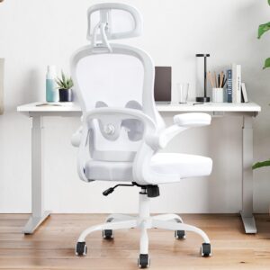 tukaka ergonomic office chair,ultra thick office desk chair with adjustable lumbar support and headrest,spring cushion,rocking function,flip-up arms,mesh computer chair for home office,white