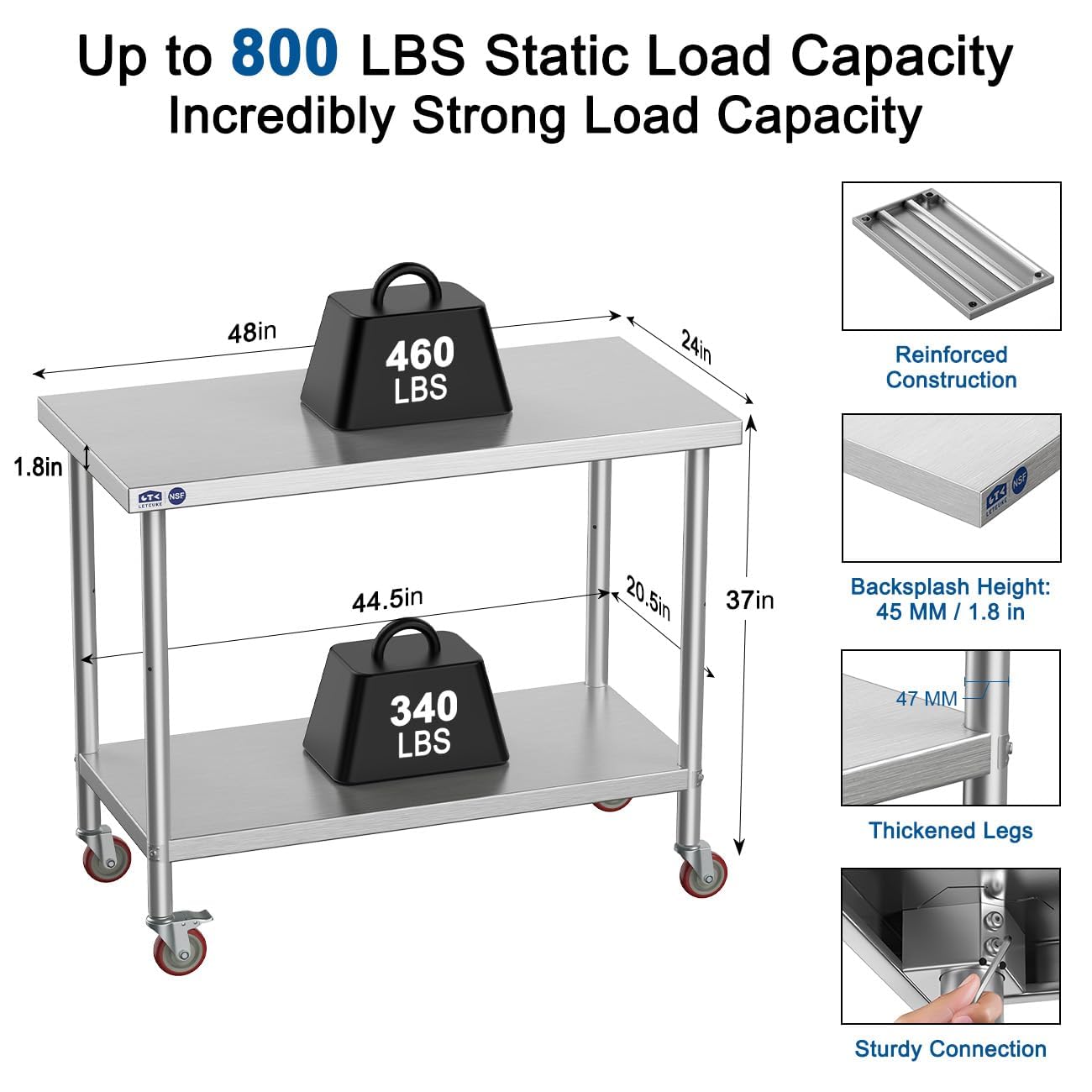 Leteuke Stainless Steel Prep Table, NSF Metal Work Table with Wheels, SUS201 Commercial Heavy Duty Table with Adjustable Undershelf, Food Prep Table for Restaurant Kitchen - 48" x 24" x 37"