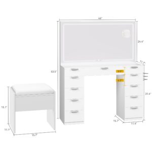 DWVO Dressing Vanity Desk with Spacious LED-Lit Mirror & Electrical Socket, 11-Drawer Cosmetic Makeup Table with Magnifier, 46'' Dressing Table with Organizing Stool for Bedroom, Ivory