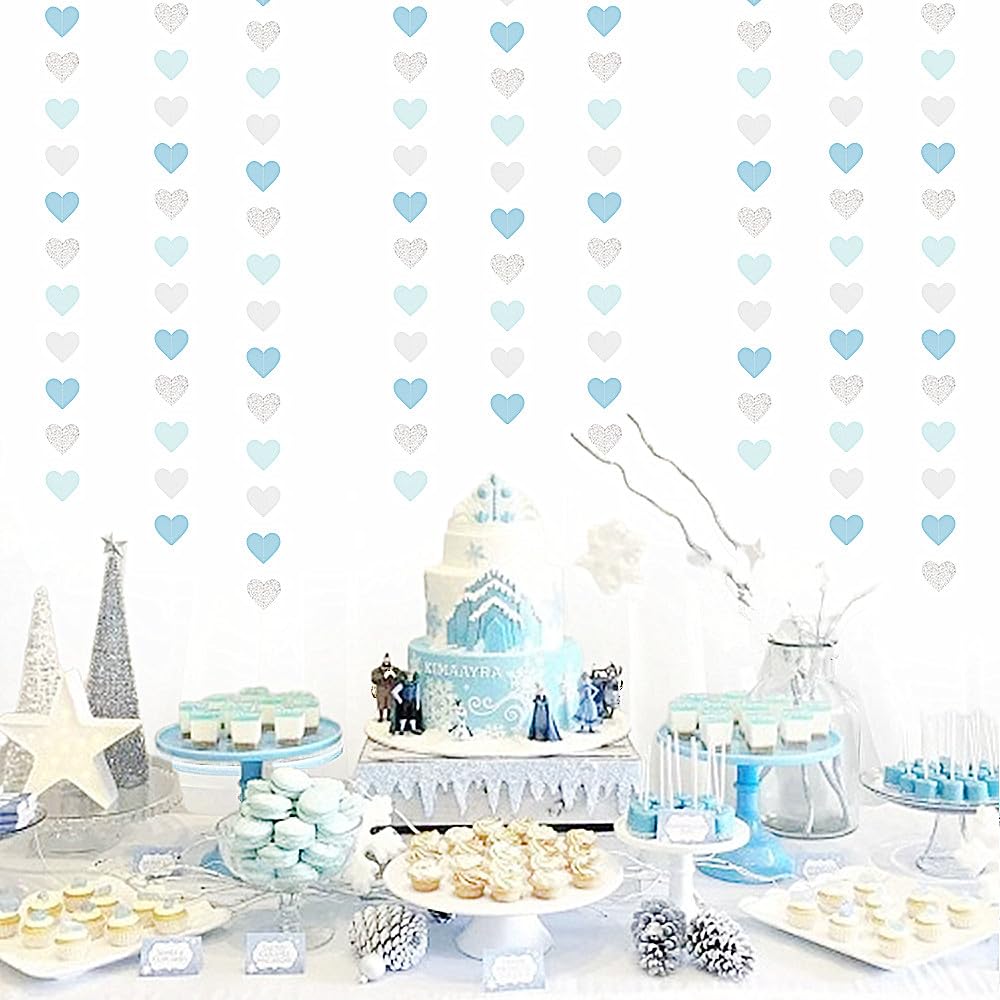 Light-Blue White-Silver Party-Decoration Heart Garland - 52ft Baby Boy Shower Birthday Streamers,Graduation Bachelorette Bridal Christmas Banner Decor Lasting Surprise