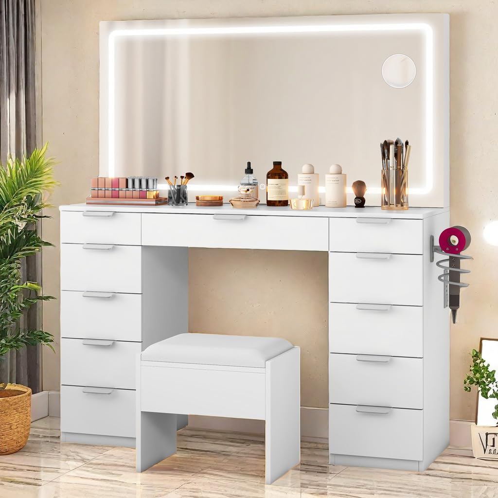 DWVO Dressing Vanity Desk with Spacious LED-Lit Mirror & Electrical Socket, 11-Drawer Cosmetic Makeup Table with Magnifier, 46'' Dressing Table with Organizing Stool for Bedroom, Ivory