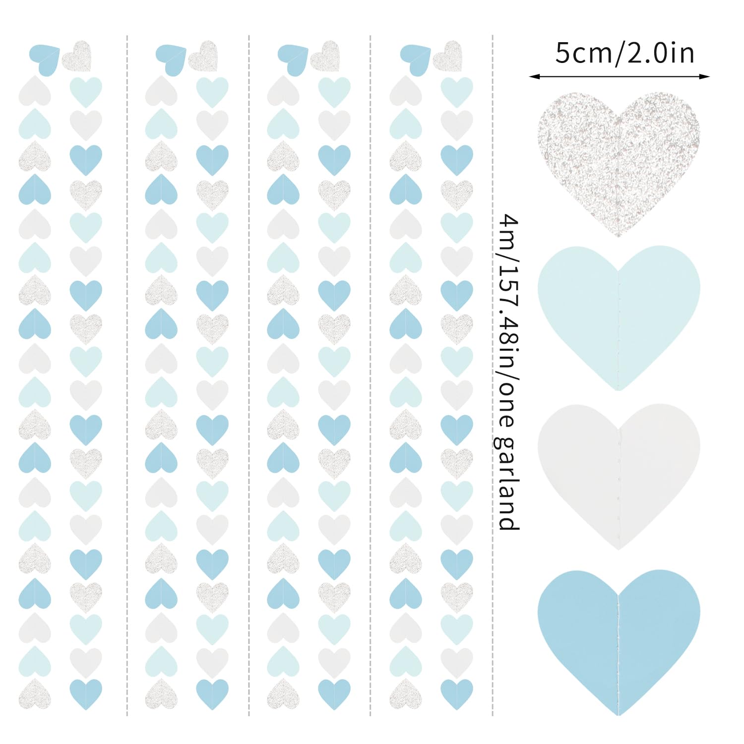 Light-Blue White-Silver Party-Decoration Heart Garland - 52ft Baby Boy Shower Birthday Streamers,Graduation Bachelorette Bridal Christmas Banner Decor Lasting Surprise