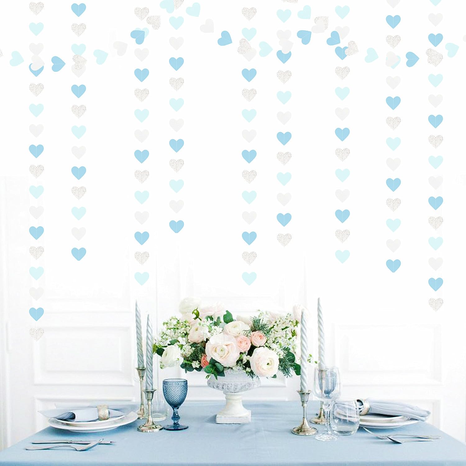 Light-Blue White-Silver Party-Decoration Heart Garland - 52ft Baby Boy Shower Birthday Streamers,Graduation Bachelorette Bridal Christmas Banner Decor Lasting Surprise