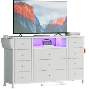 WODRAWER White Dresser with Power Outlets and LED Lights, Dresser for Bedroom with 11 Drawers, Dressers & Chests of Drawers with Side Pockets, Fabric Storage Organizer