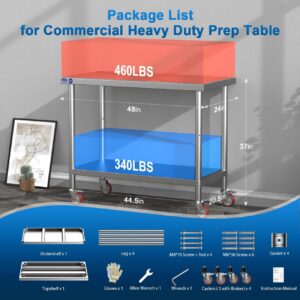 Leteuke Stainless Steel Prep Table, NSF Metal Work Table with Wheels, SUS201 Commercial Heavy Duty Table with Adjustable Undershelf, Food Prep Table for Restaurant Kitchen - 48" x 24" x 37"