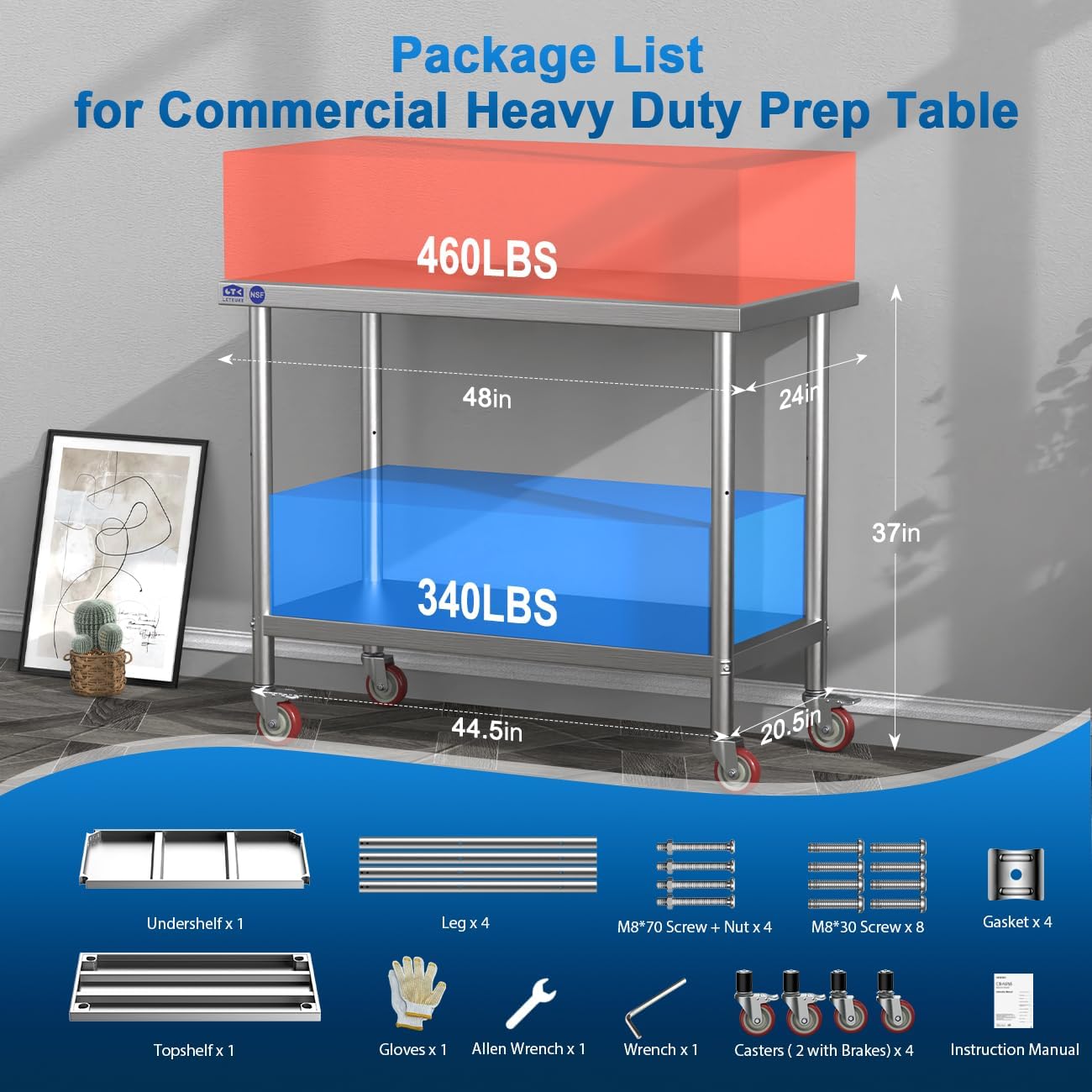 Leteuke Stainless Steel Prep Table, NSF Metal Work Table with Wheels, SUS201 Commercial Heavy Duty Table with Adjustable Undershelf, Food Prep Table for Restaurant Kitchen - 48" x 24" x 37"