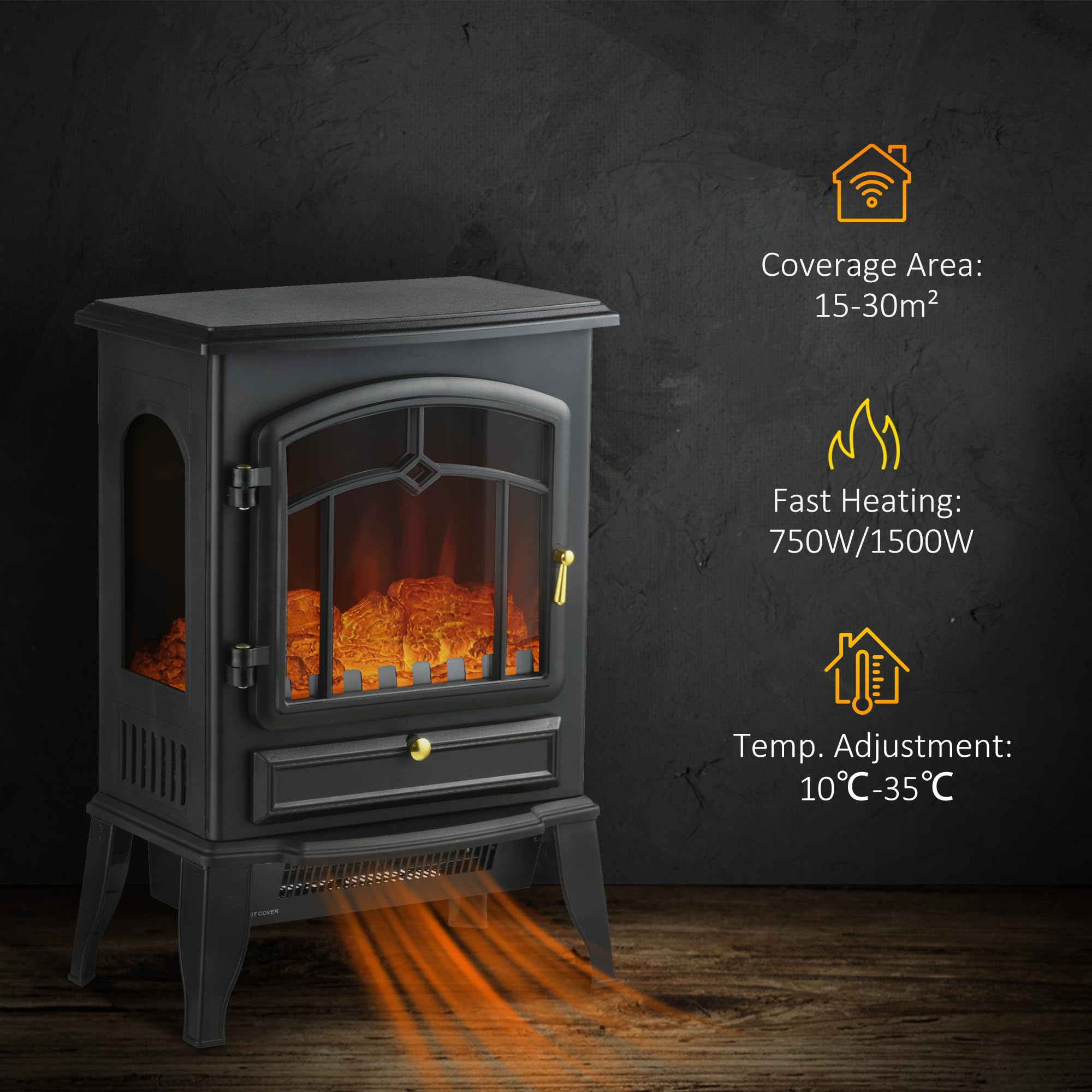 HOMCOM Electric Fireplace Stove, 22" Freestanding Fireplace Heater with 3-Sided Realistic Flame, Overheating Protection, Adjustable Temperature, Portable, 750W/1500W, Black