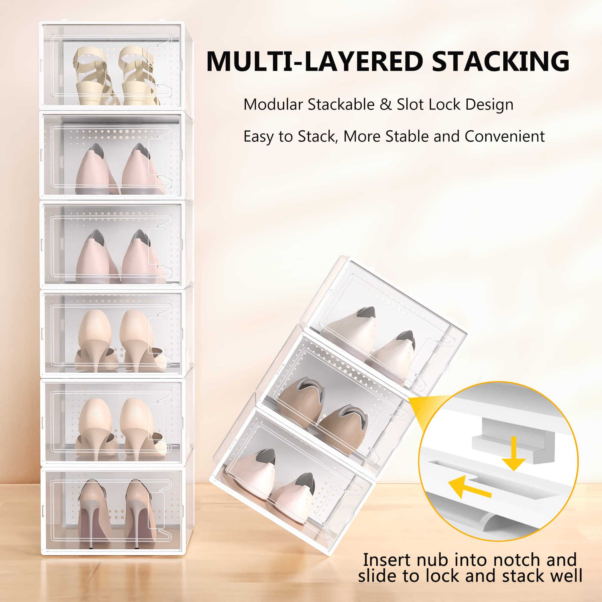 12 Pack XX Large Shoe Organizer Storage Boxes for Closet, Modular Space Saving Shoe Boxes Clear Plastic Stackable Sneaker Containers Display Case with Lids, White