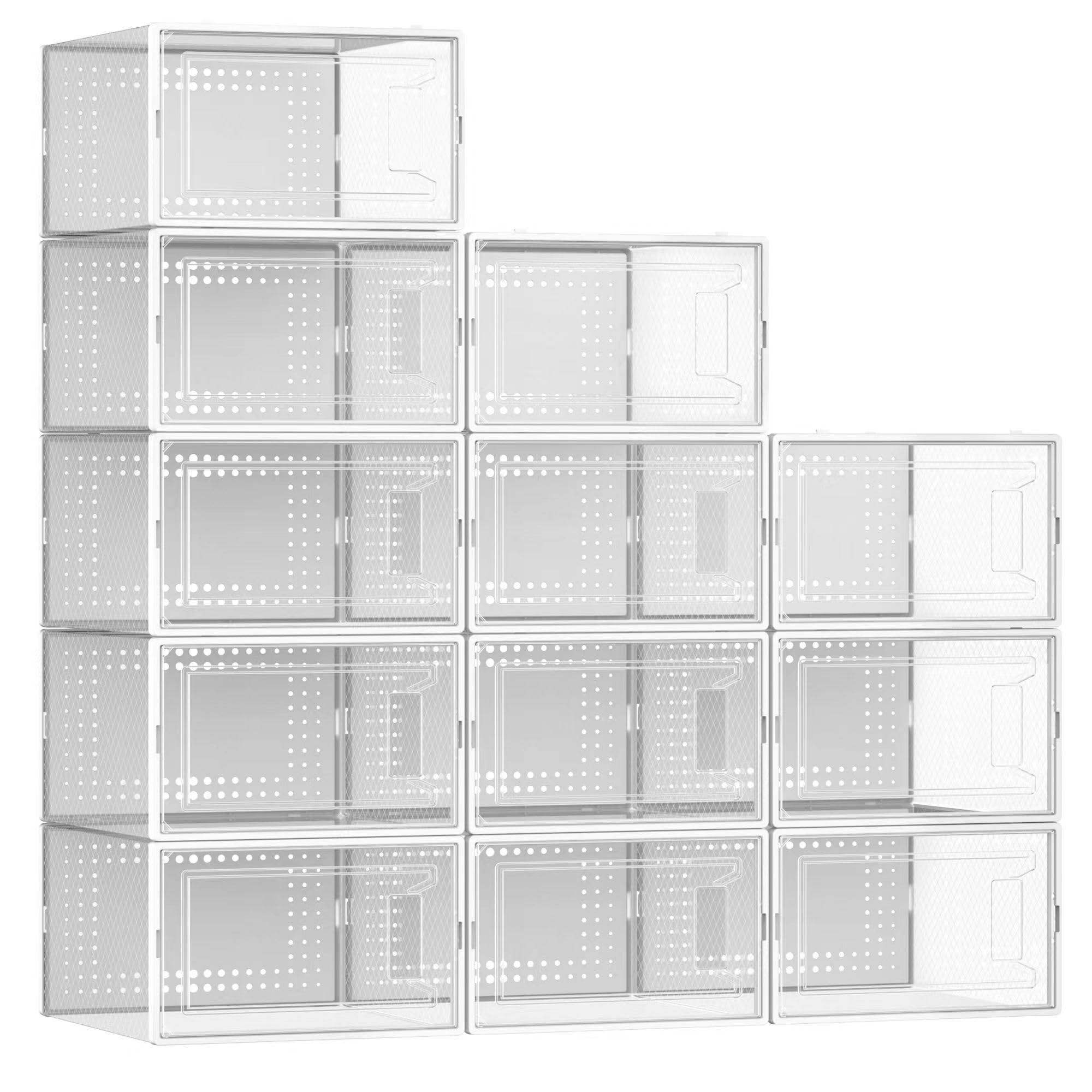 12 Pack XX Large Shoe Organizer Storage Boxes for Closet, Modular Space Saving Shoe Boxes Clear Plastic Stackable Sneaker Containers Display Case with Lids, White