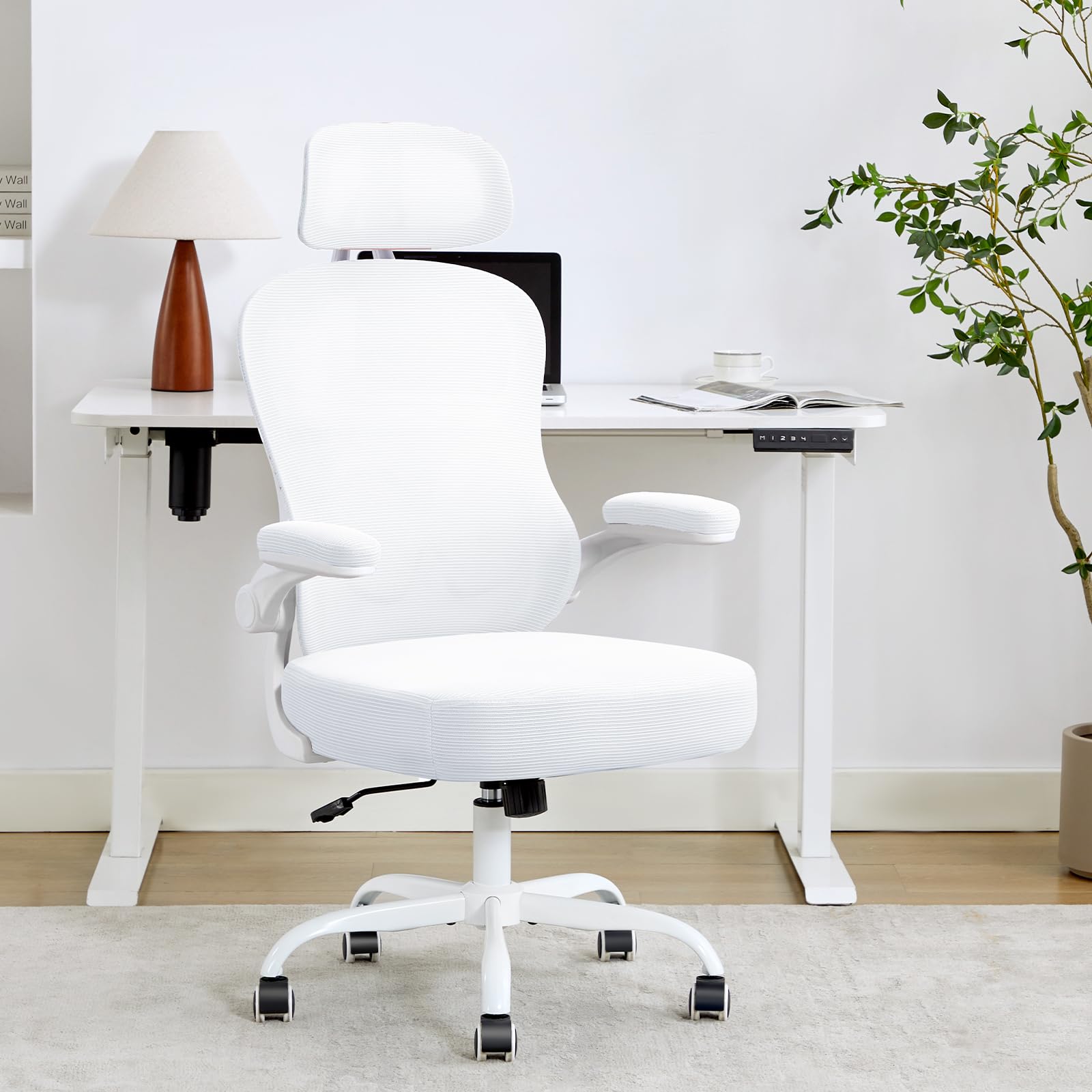 TUKAKA Ergonomic Office Chair,Ultra Thick Office Desk Chair with Adjustable Lumbar Support and Headrest,Spring Cushion,Rocking Function,Flip-up arms,Mesh Computer Chair for Home Office,White