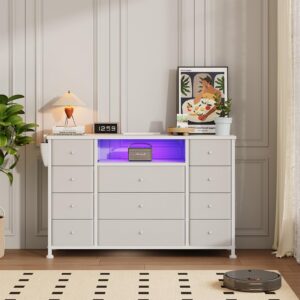 WODRAWER White Dresser with Power Outlets and LED Lights, Dresser for Bedroom with 11 Drawers, Dressers & Chests of Drawers with Side Pockets, Fabric Storage Organizer