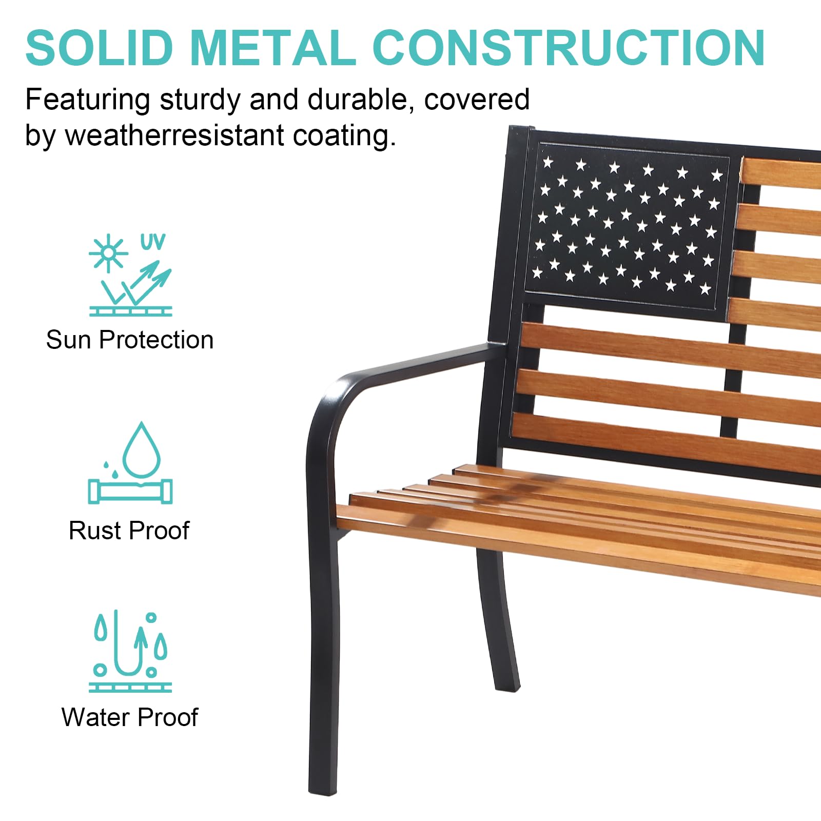 QUYZE 50”Outdor Bench, Cast Iron Metal Frame Garden Bench with American Flag Backrest,Thermoplastic Coated Patio Bench Slatted Park Bench for Porch Yard Lawn Deck