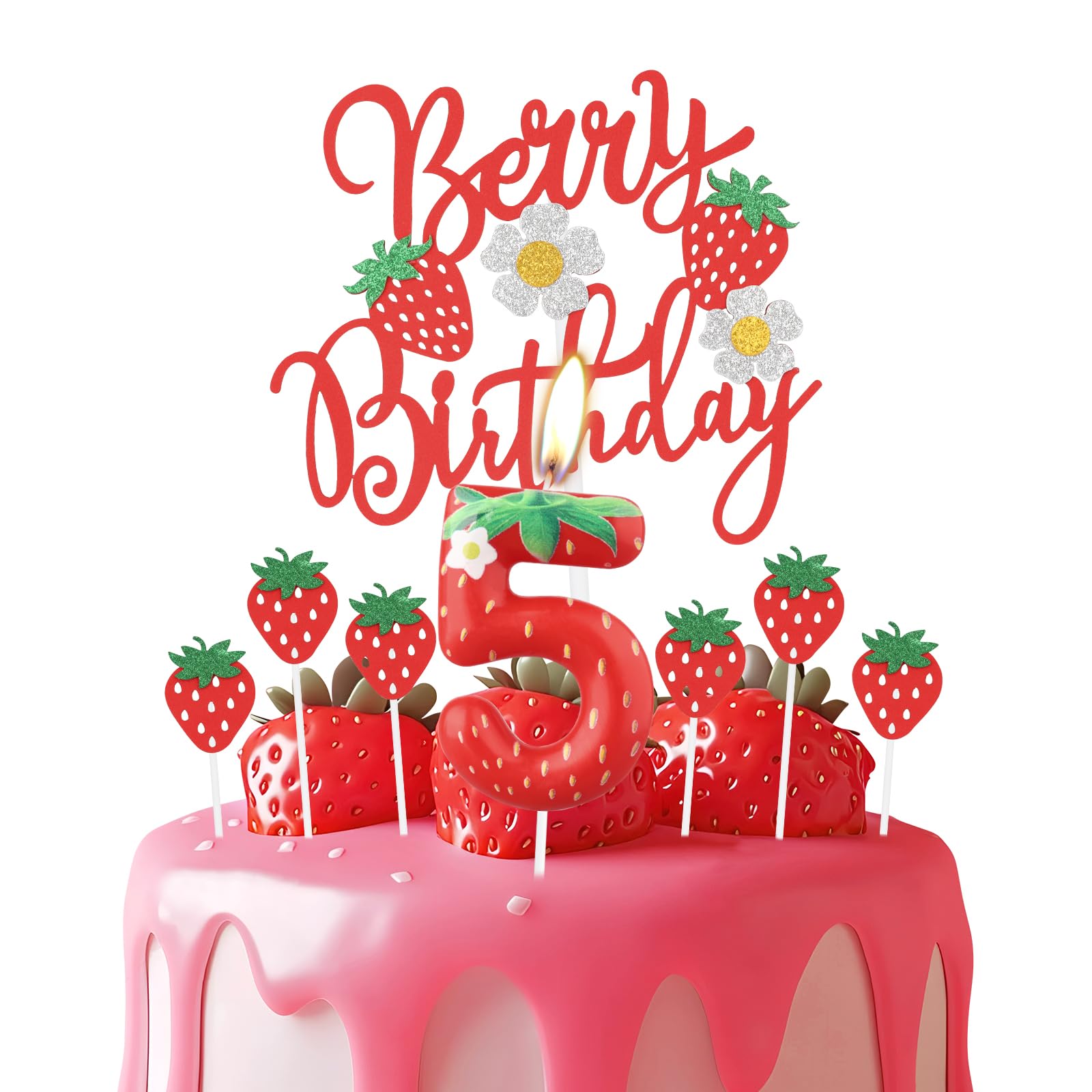 iNINGER Strawberry 5th Birthday Candle,Strawberry Number Happy Birthday Cake Topper Glitter Strawberry Cake Pick for Fruit Theme Baby Shower Kids Birthday Party Strawberry Cake Decorations Supplies