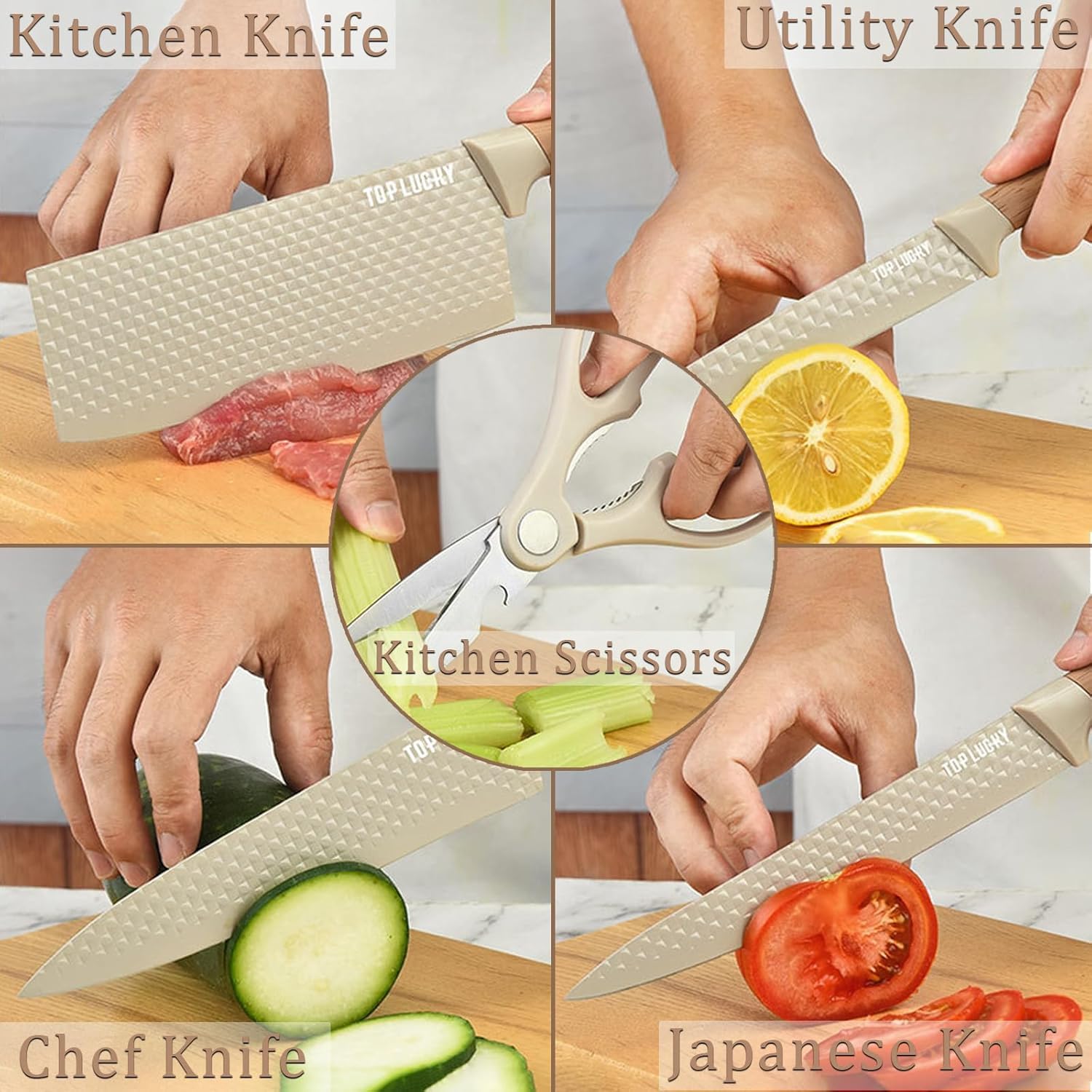 Kitchen Knife Set, 6 Pieces Professional Knife Set with Universal Knife Block, Super Sharp Knife Set with Ergonomic Handle, Non-Stick Stainless Steel Knife Block Set (Khaki)