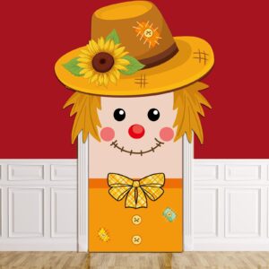 Thanksgiving Door Cover Fall Scarecrow Shape Door Decorations Harvest Autumn Door Backdrop Sunflower Scarecrow Banner Backdrop for Autumn Home Decor Fall Photo Booth Props