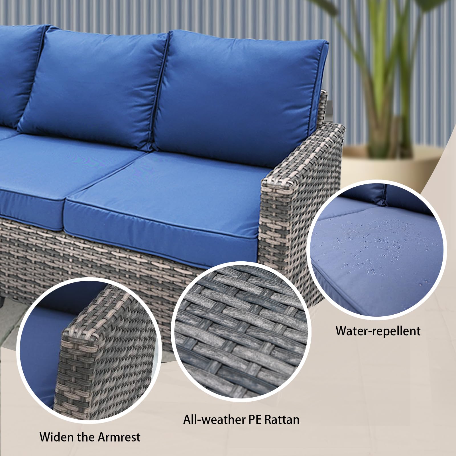 TARKARI All Weather Wicker Patio Couch, 3 Seats Patio Sofa with High Curvy Back, Premium Outdoor Sofa with Brown Wicker and Thick Cushions for Garden, Backyard, Porch, Blue