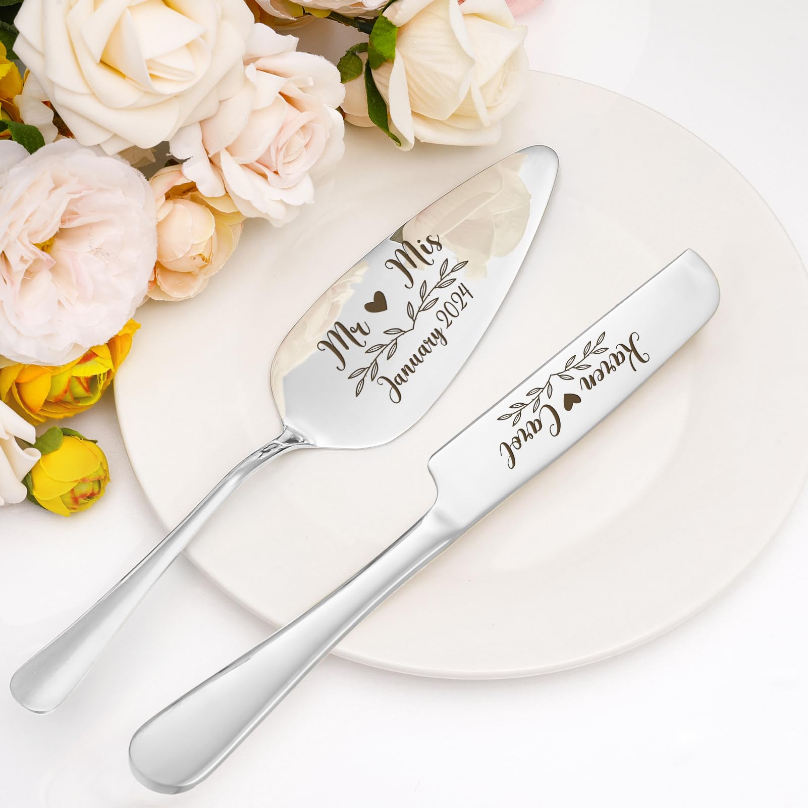 Cake Cutting Set for Wedding, Personalized Stainless Steel Cake Knife and Server Set, Vintage Engraved Pastry Pie Server Cake Pizza Cutter for Wedding, Birthday, Anniversary, Bridal Gift(Silver)