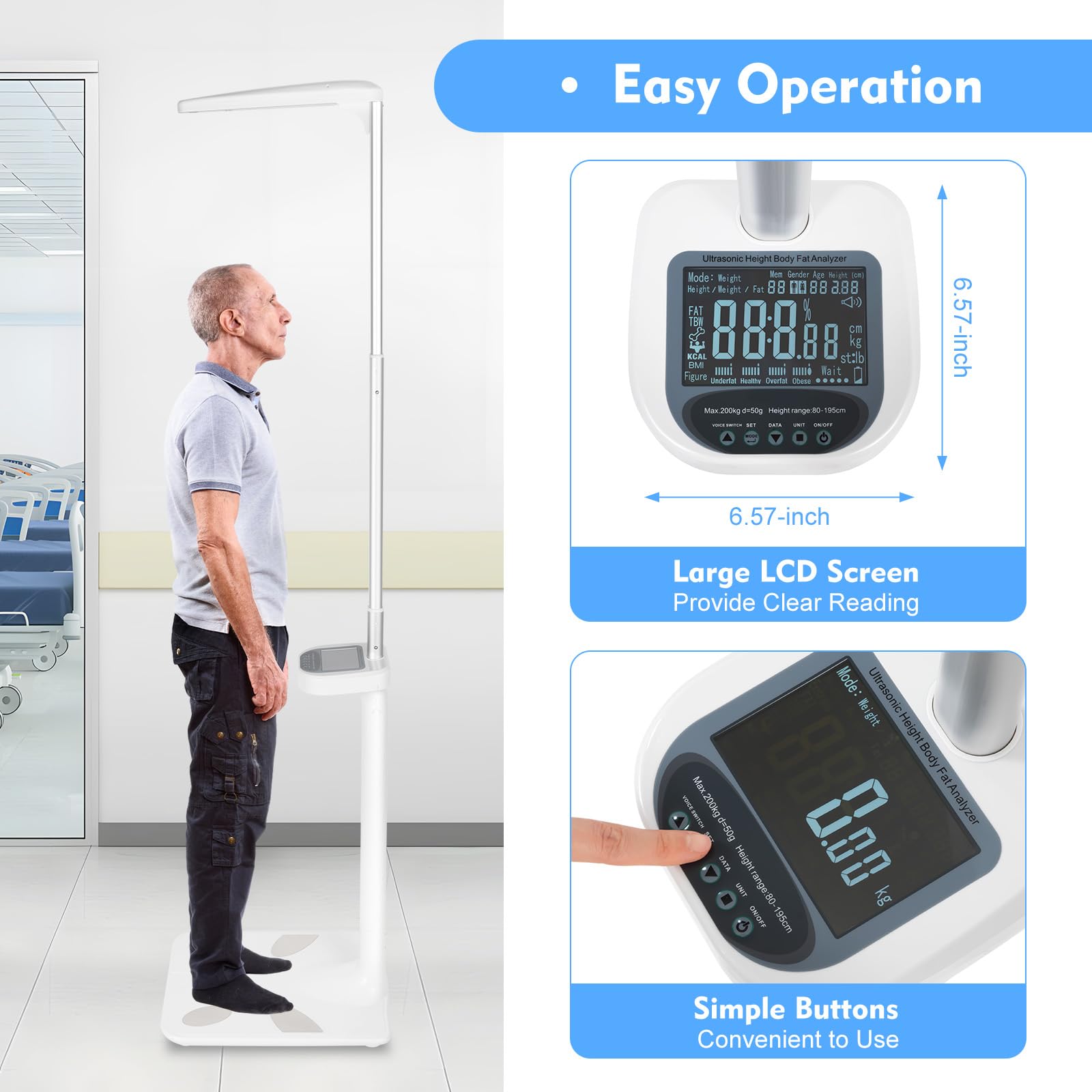 Ultrasonic Height and Body Fat Analyser 440 lbs Floor Standing Multifunction LCD Display Medical Electronic Height Body Mass Index BMI Measuring Scale for Clinic Doctors Physicians Schools