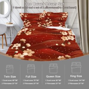 DiuuDi Romantic Blossom Duvet Cover King Size 3D Printed Red Background Wavy Lines Duvet Cover Set White Pink Flowers Festival Gift Comforter Cover Cozy Quilt Cover with 2 Pillowcases