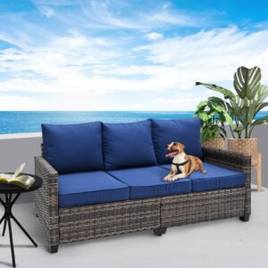 TARKARI All Weather Wicker Patio Couch, 3 Seats Patio Sofa with High Curvy Back, Premium Outdoor Sofa with Brown Wicker and Thick Cushions for Garden, Backyard, Porch, Blue