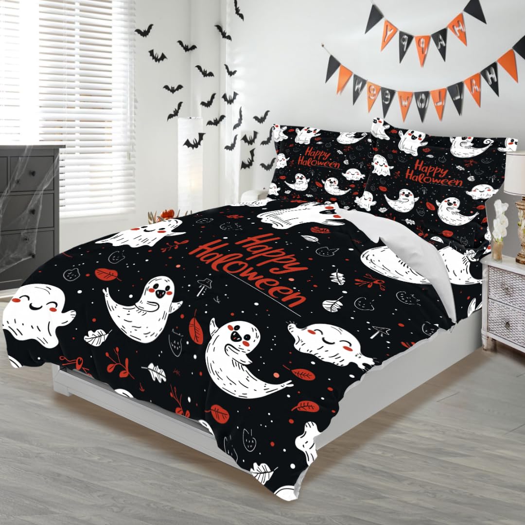 DiuuDi Halloween Ghost Duvet Cover Full Size 3D Printed Black Duvet Cover Set Happy Halloween Ghost Festival Gift Comforter Cover Cozy Quilt Cover with 2 Pillowcases