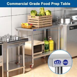 Leteuke Stainless Steel Prep Table, NSF Metal Work Table with Wheels, SUS201 Commercial Heavy Duty Table with Adjustable Undershelf, Food Prep Table for Restaurant Kitchen - 48" x 24" x 37"