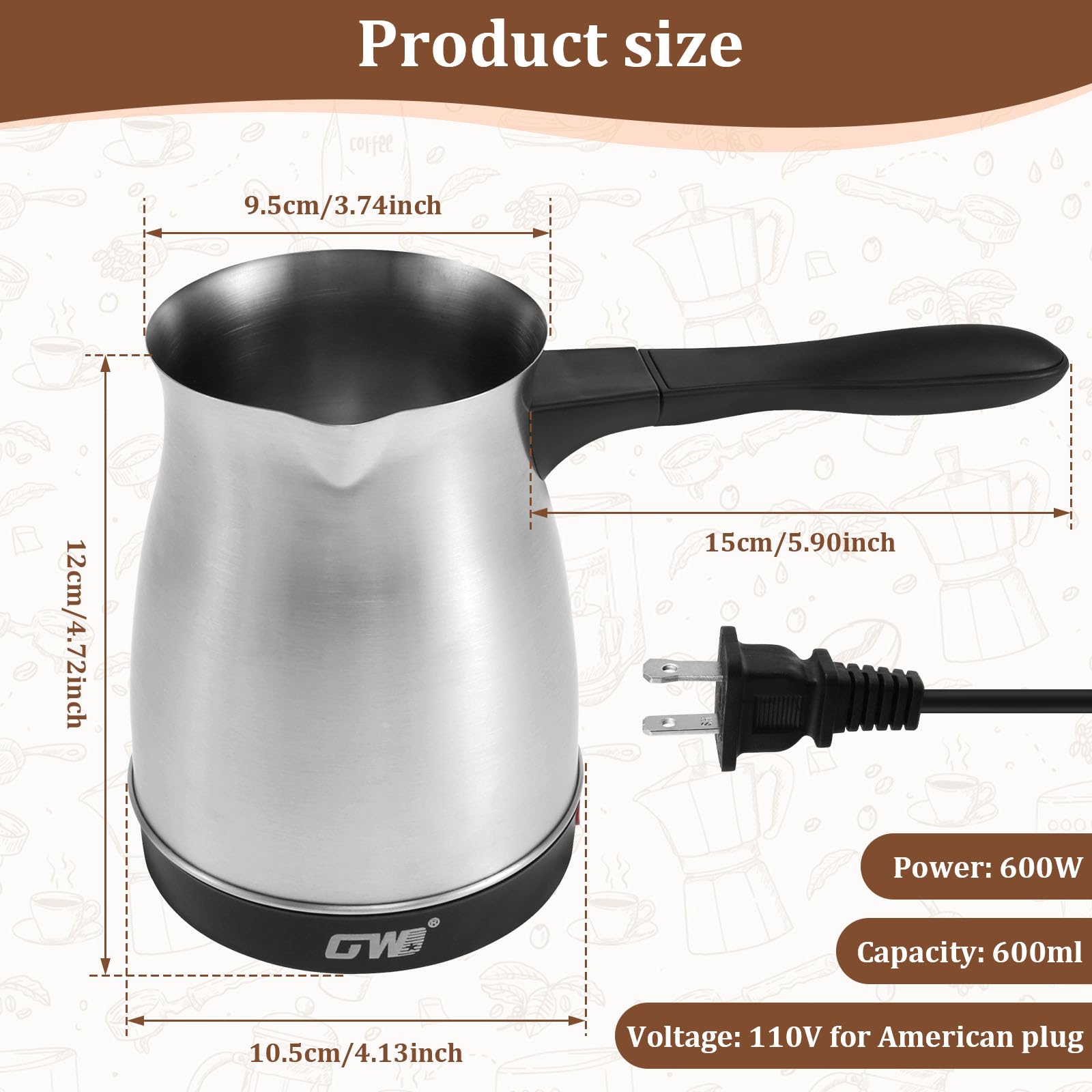 LYIYEYAN Turkish Coffee Maker, 600ml Stainless Steel 110V Turkish Coffee Machine, 5 to 6 Cups Capacity Turkish Coffee Pot, Electric Coffee Maker, Warmer Kettle with Ergonomic Handle for Home Travel