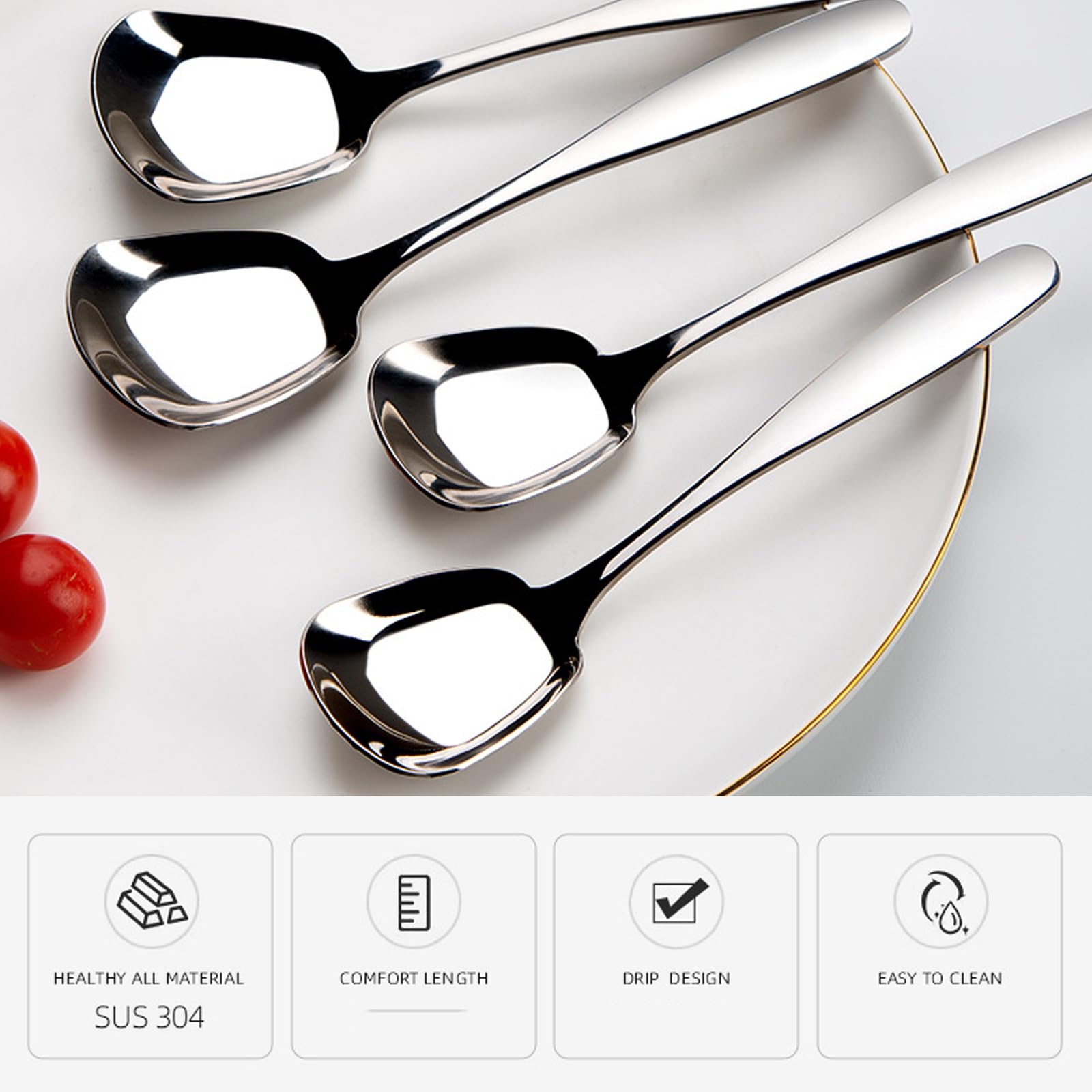 3PCS Square Head Spoons, Square Head Stainless Steel Spoons, Arithmeticn Square Head Stainless Steel Spoons, Korean Style Square Sugar Spoon, Thick Stainless Steel Square Spoon