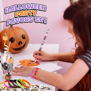 Seenelling 24 Set Halloween Party Favors Gift Cups Filler for Students, Halloween Goodie Bag Fillers, Halloween Treats Non Candy, Halloween Keychain Pencil Straw Silicone Bracelet for Classroom Gifts