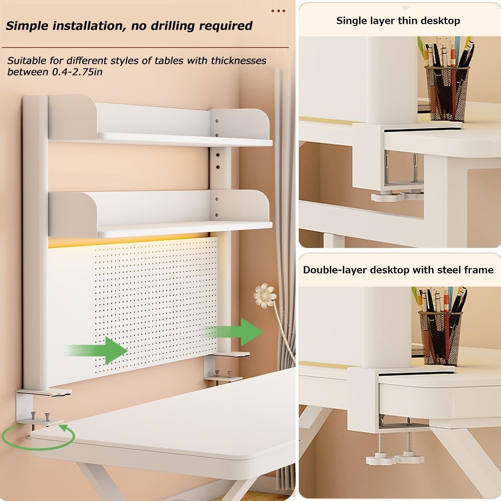 Multipurpose Countertop Hutch Bookshelf, Desk Shelf Storage Rack, Clamp On Desk Organizer Shelf, Desk Extender Pegboard Workstation, Privacy Panel for Gaming Desk, Metal Desktop Display Rack(White,100